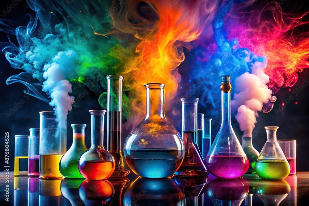 Colorful abstract of chemical reactions captured mid reaction, chemical ...