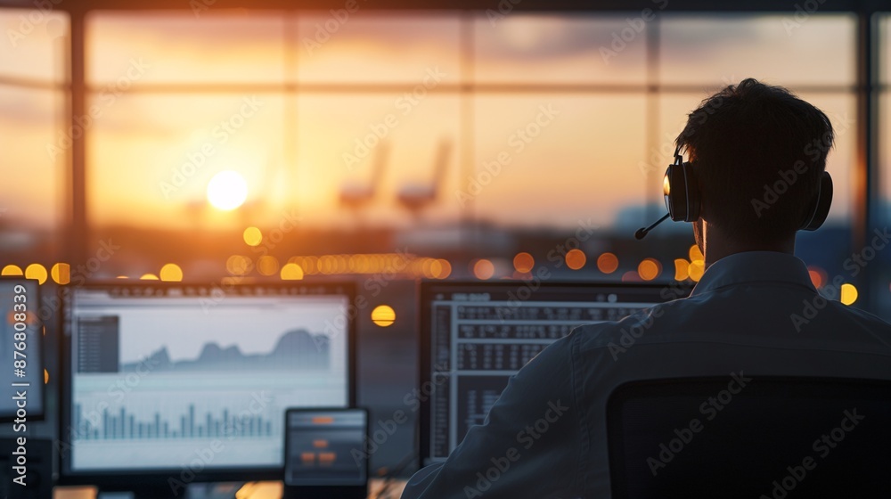 Air traffic controller monitoring flight paths at sunset in a modern ...