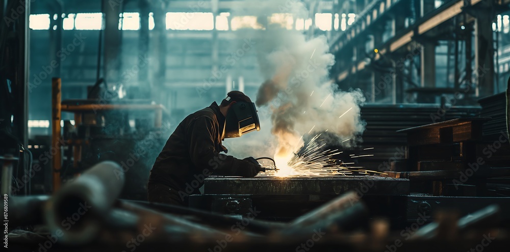 A worker is welding in the workshop, smoke from sparks and bright light ...
