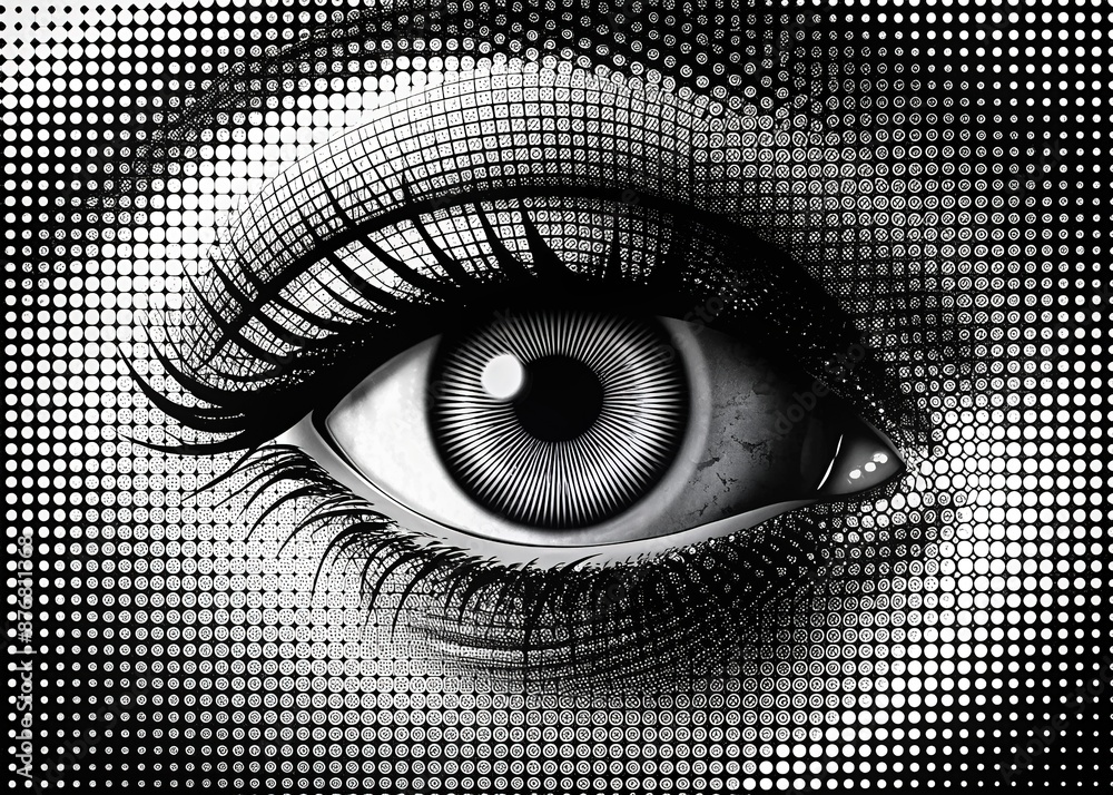 Intricate black and white vector illustration of a human eye with a ...