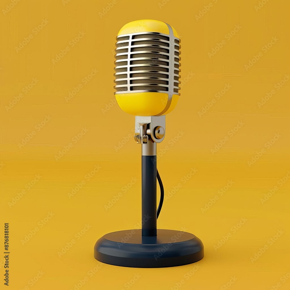 Vintage yellow microphone on a stand against a matching yellow ...