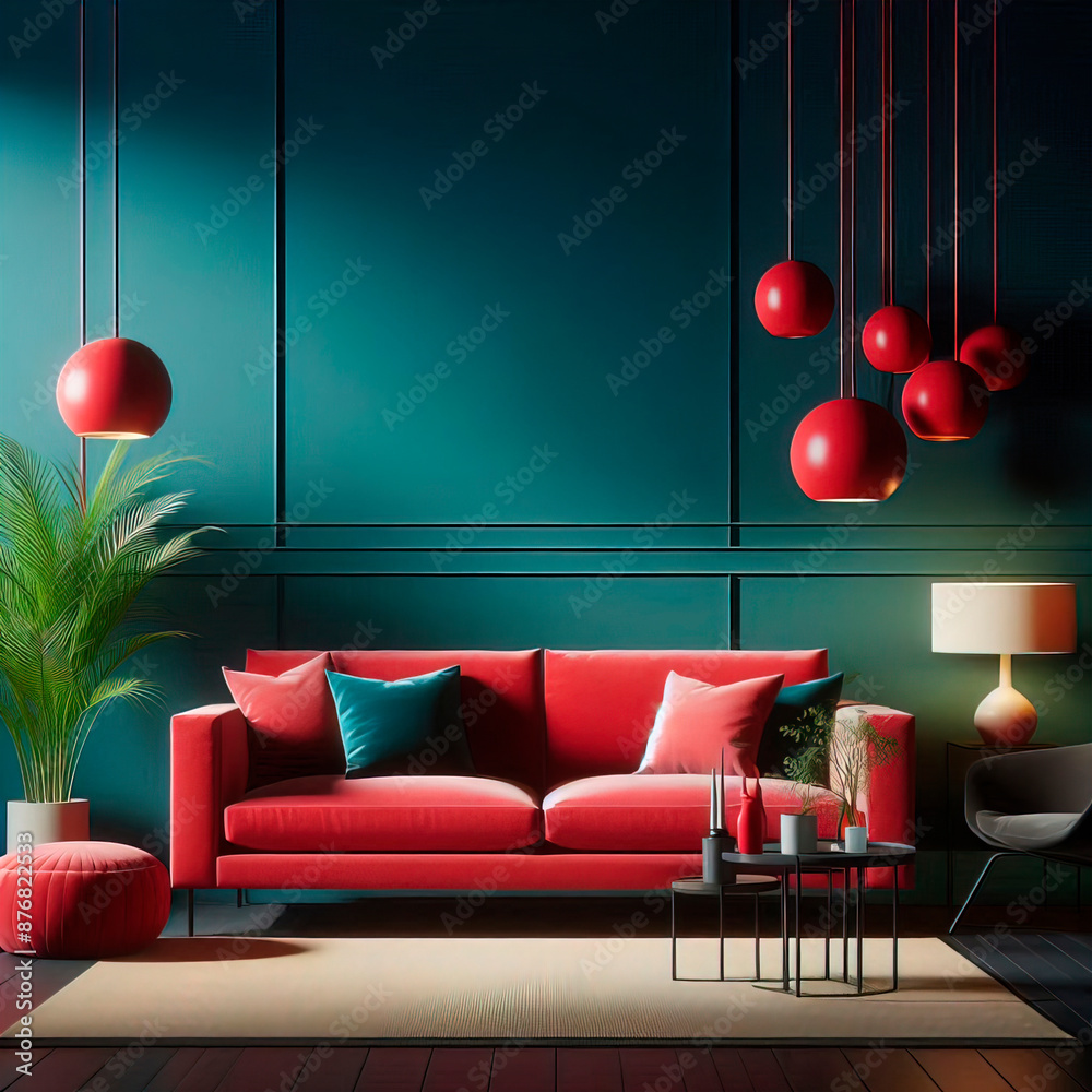 Modern living room red sofa and red lamps in a room with teal wall, in ...