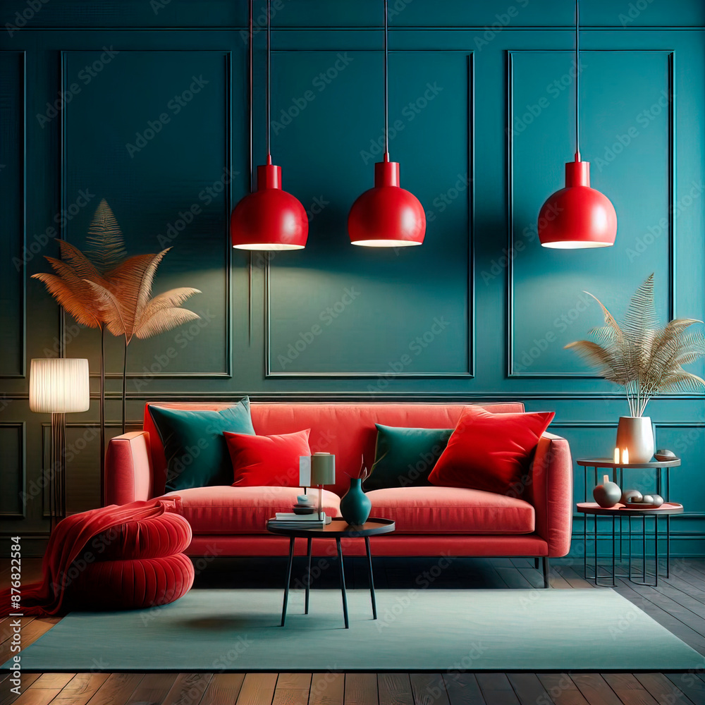 Modern living room red sofa and red lamps in a room with teal wall, in ...