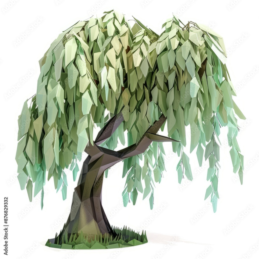 3D Render, Low Poly style of a magical weeping willow tree with ...