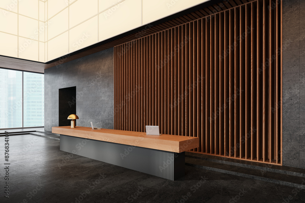 Modern lobby interior with a long wooden reception desk, polished dark ...