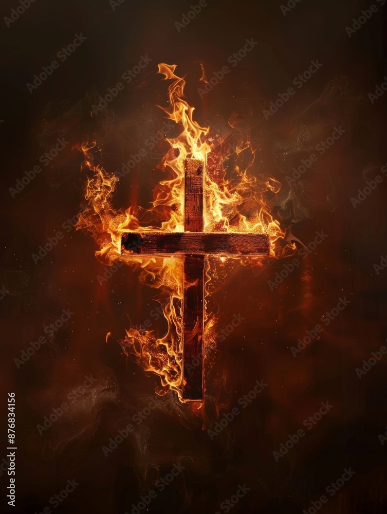 in powerful religious symbols A wooden Christian cross burns fiercely ...