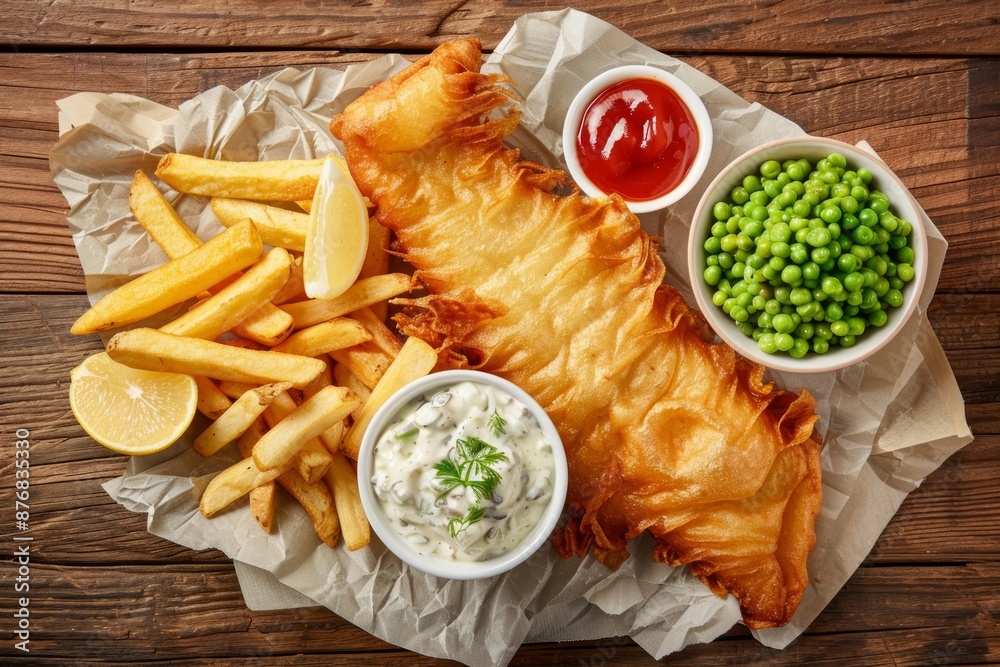 British national traditional fast food fish and chips with assorted ...