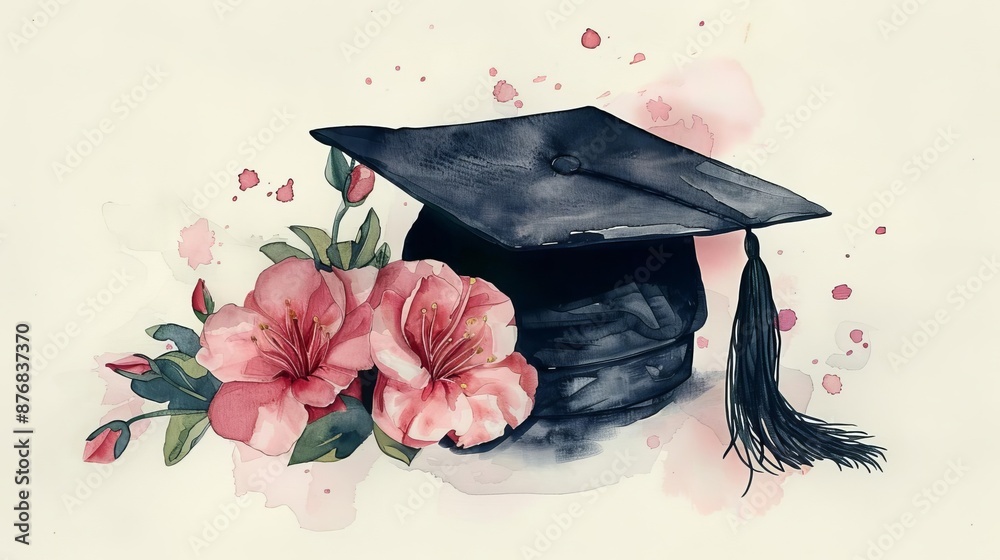 Watercolor painting black graduation hat Decorated with pink flowers ...