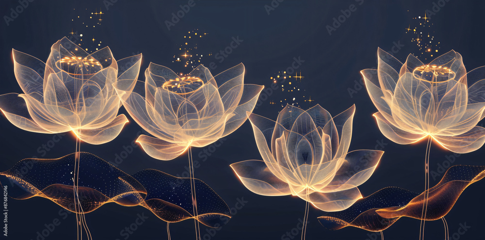 3D wallpaper, 4 lotus flowers in a line art style on a dark blue ...