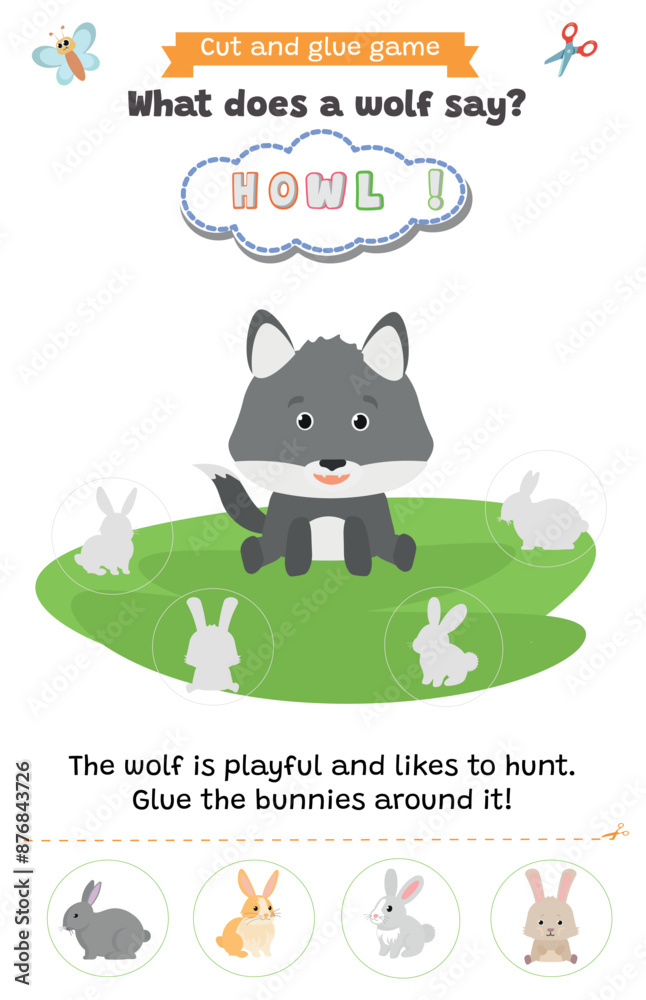 Vetor de Learning animal sounds. Cut and glue educational children game ...