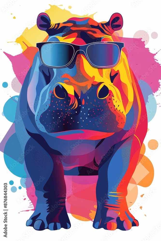 Colorful hippopotamus with sunglasses, quirky animal, fun design , rule ...