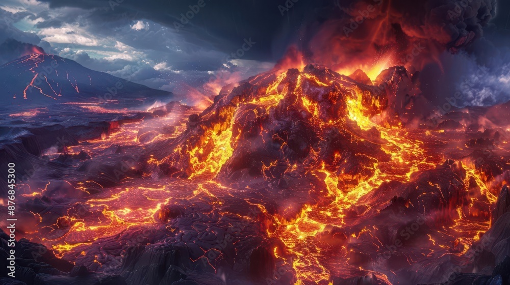 Volcanic eruption with molten lava and ash clouds, digital art, high ...