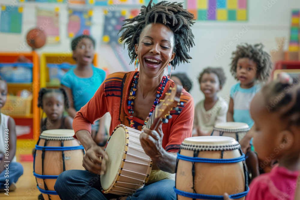 The teacher, with a musical instrument, creates a dynamic and engaging ...