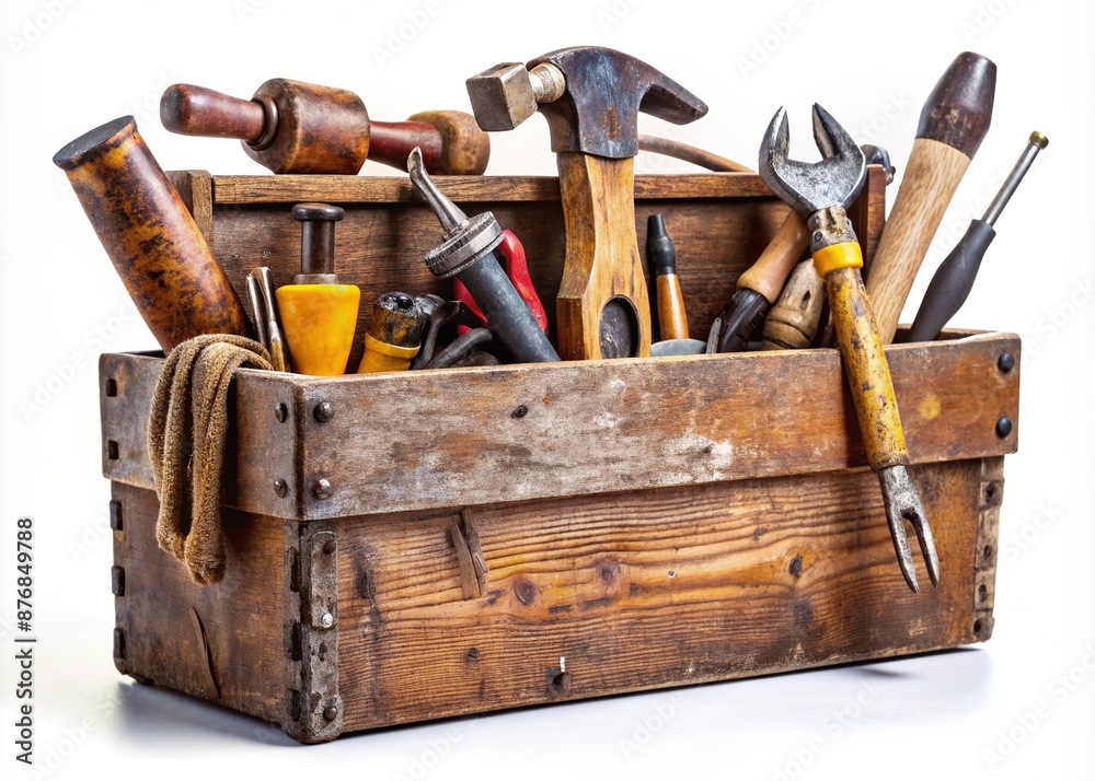 Rustic toolbox filled with worn hammer, pliers, screwdrivers, and other ...