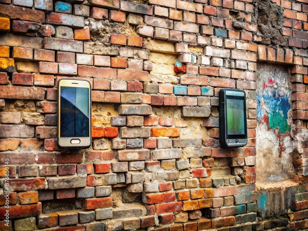 Urban city wall with worn-out bricks and graffiti serves as a backdrop ...