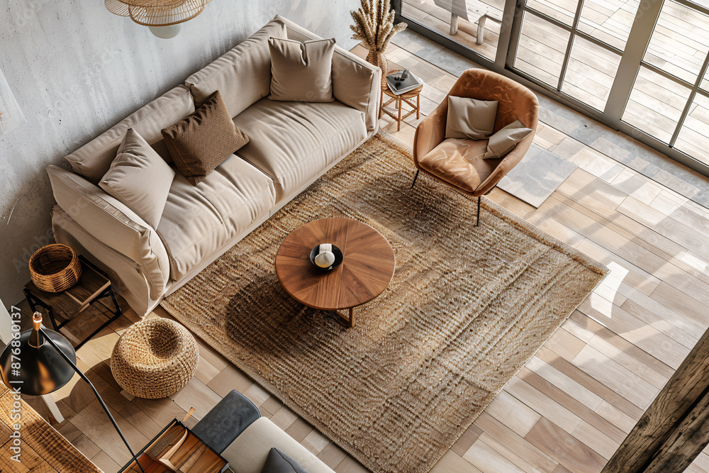 Bird-eye view of a small modern living room with brown and camel color ...