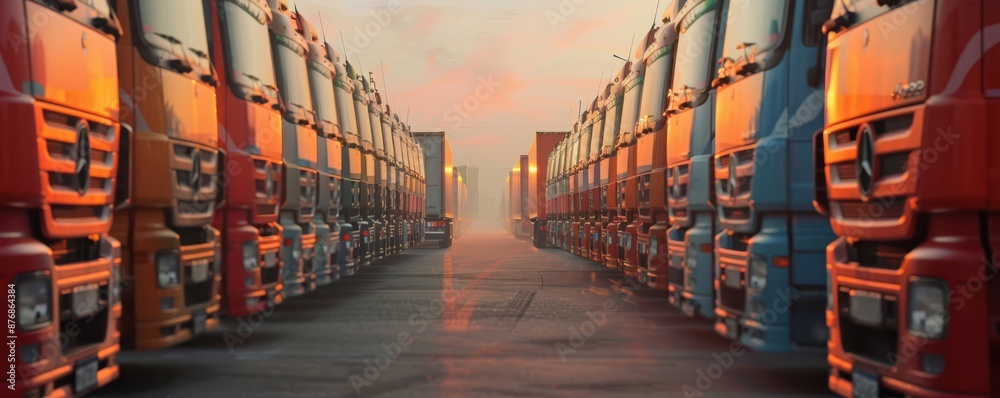 ows of transport vehicles lined up for consignment loading, showcasing ...