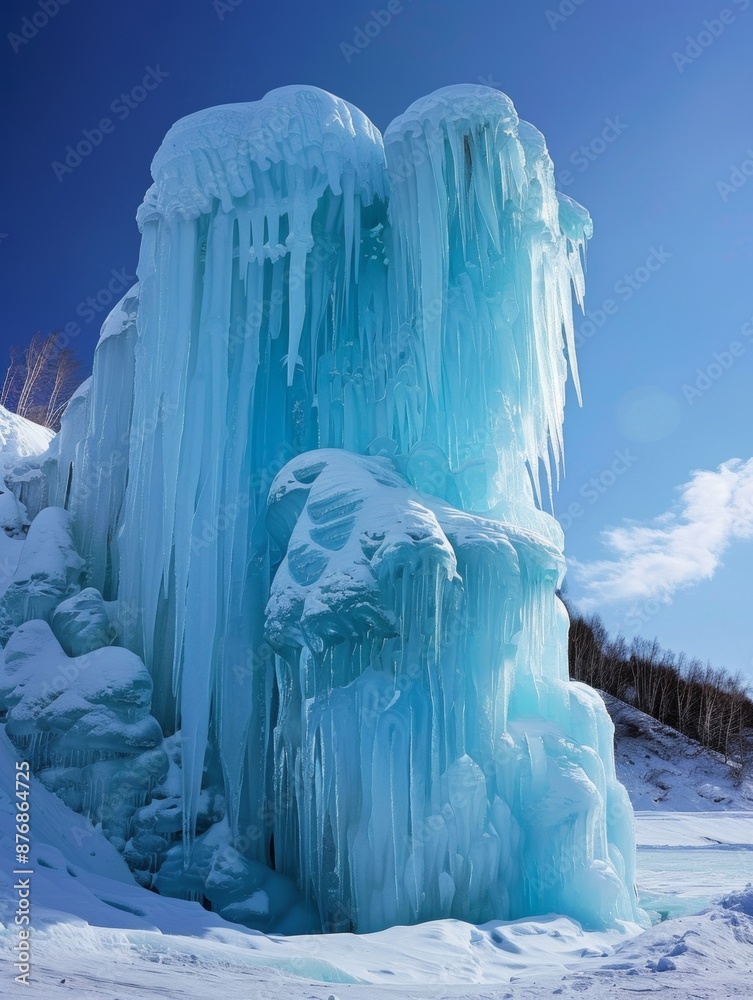 The ice fountain takes the shape of a stunning mound of blue ice. This ...