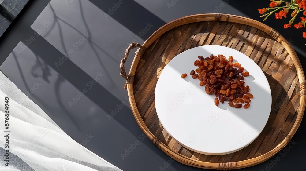 Podium for product photo of packaged raisins with pile of raisins on ...