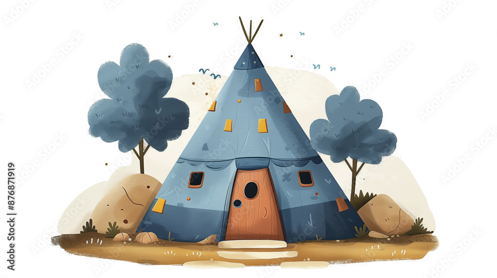 Childlike illustration of a cute tent surrounded by trees and rocks ...