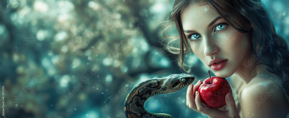 Eve eating the forbidden fruit apple from the tree of knowledge in the ...