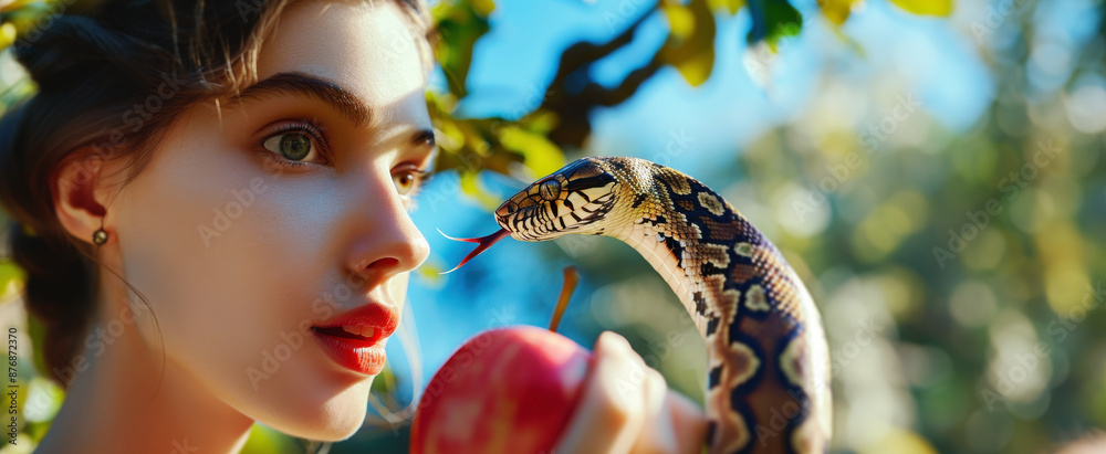 Eve eating the forbidden fruit apple from the tree of knowledge in the ...