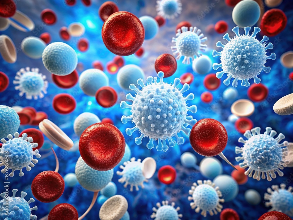 Microscopic view of human red blood cells, white blood cells, and ...