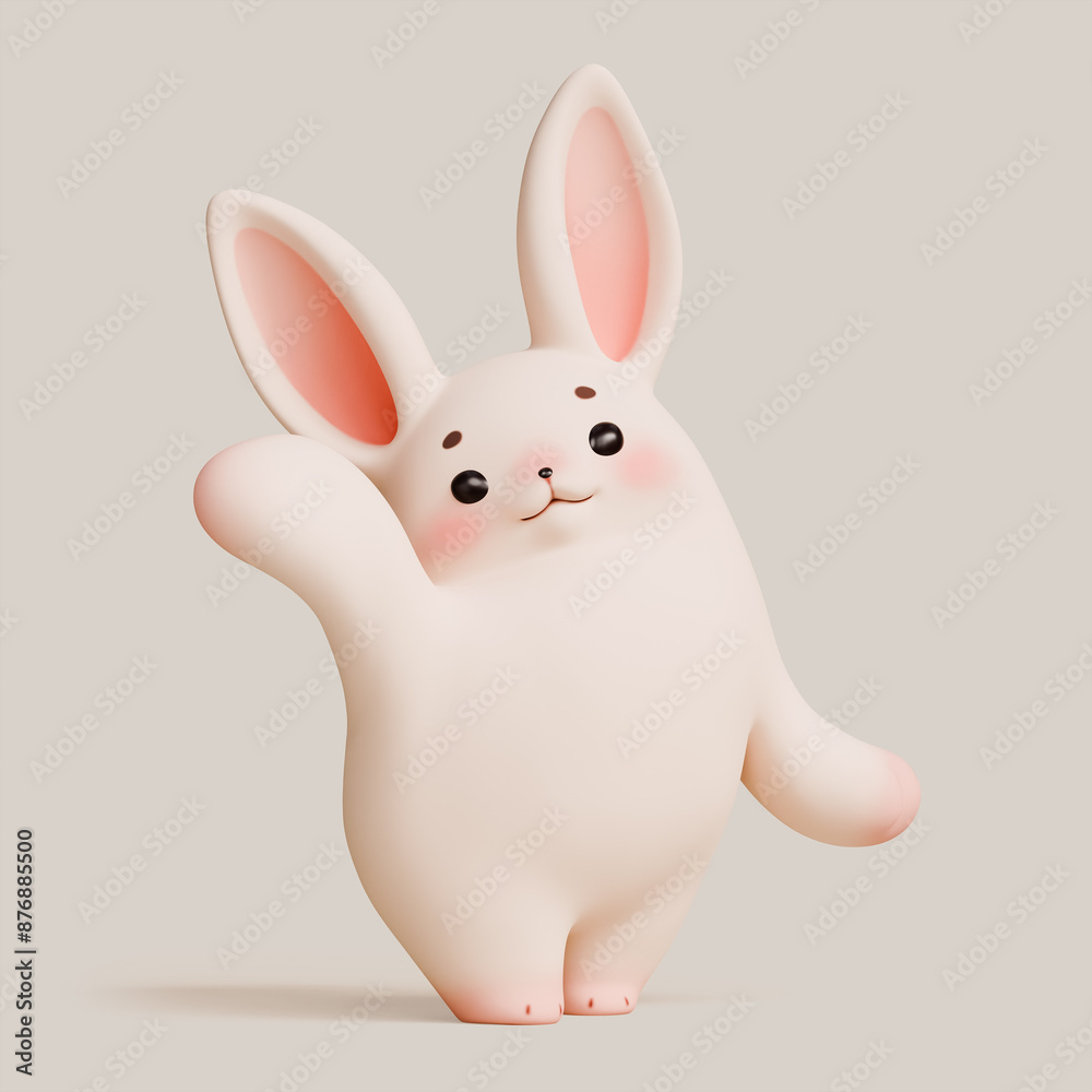 Simple fat kawaii soft fluffy cartoon white bunny with eyebrows, pink ...