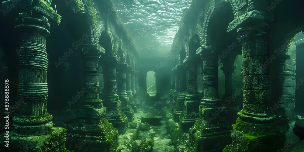 Moss-Covered Stone Columns in Ancient Underwater Temple with Green ... Moss-Covered Stone Columns in Ancient Underwater Temple with Green ...