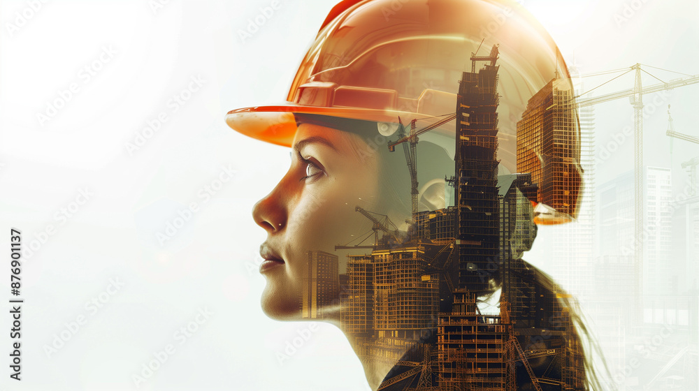 Construction Worker Woman in Urban Setting. A striking double exposure ...