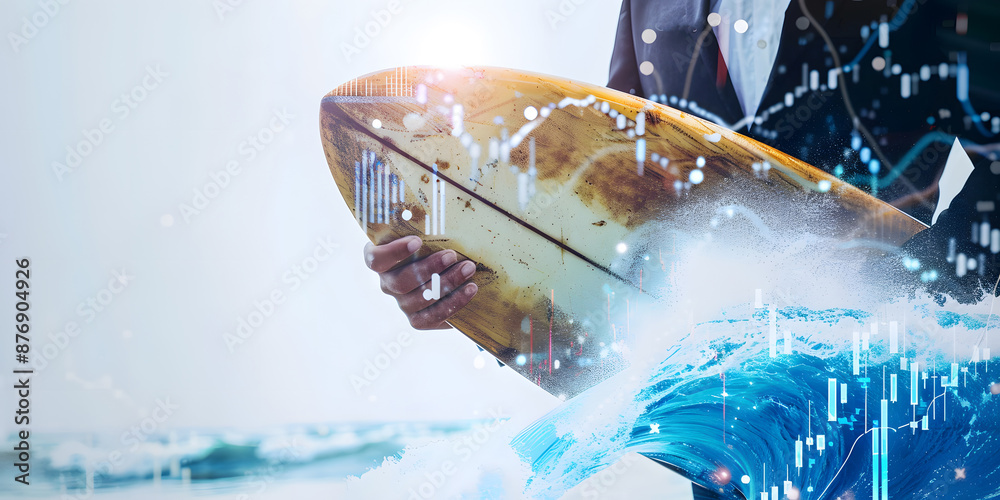 business man play surf elliott wave technical graph for stock market ...