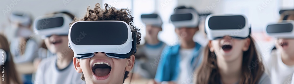 Editorial Photography style, close-up shot of students with VR headsets ...