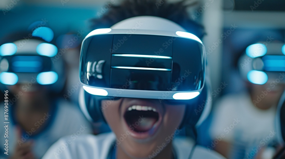 Editorial Photography style, close-up shot of students with VR headsets ...