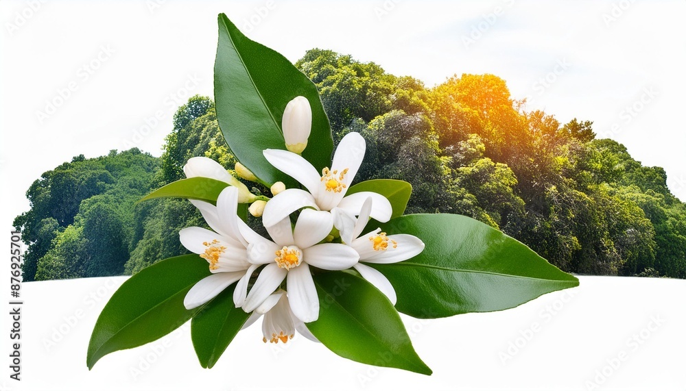 neroli blossom branch with white flowers buds and leaves isolated ...