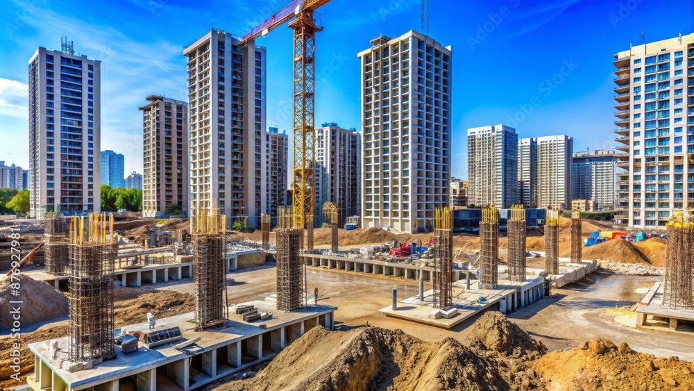 Cranes and scaffolding surround massive concrete foundations as ...