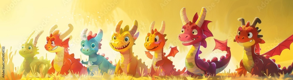 Cartoon dragons and dinosaurs share happy moments of joy and play with ...
