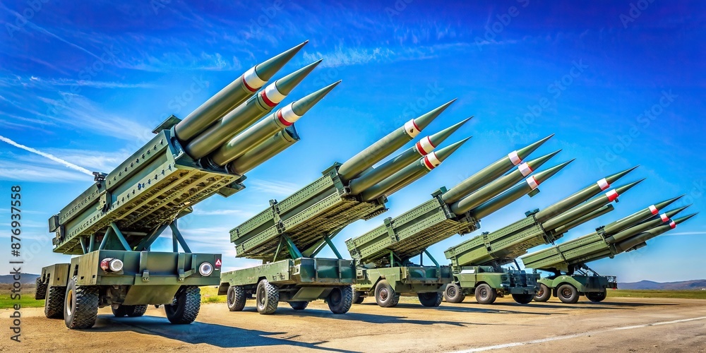 multiple rocket launcher system on a blue sky background, blue ...