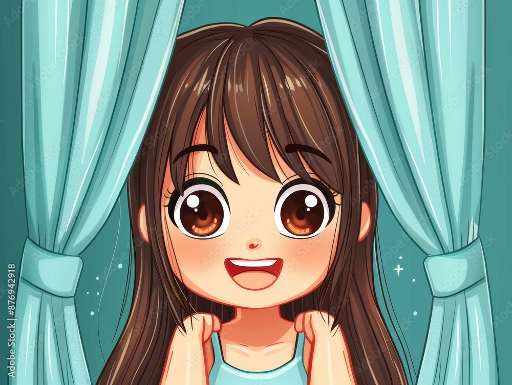 Adorable manga illustration of shy girl peeking out from curtain in ...