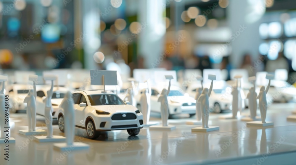 Miniature white car models displayed in a bright showroom with bokeh ...