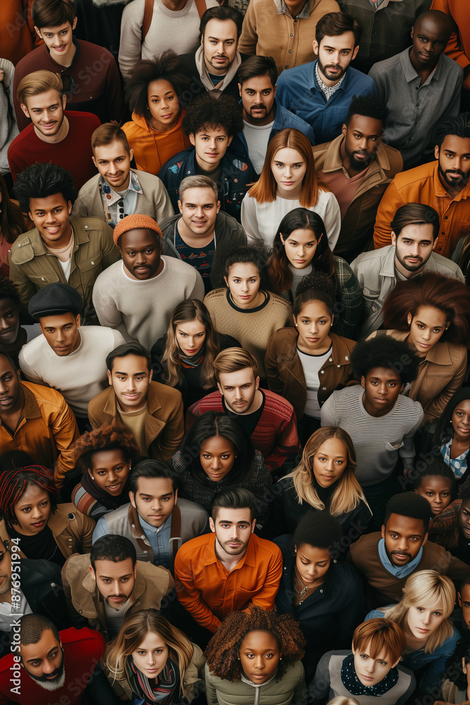 Many diverse ethnicity different young and old people group looking up ...