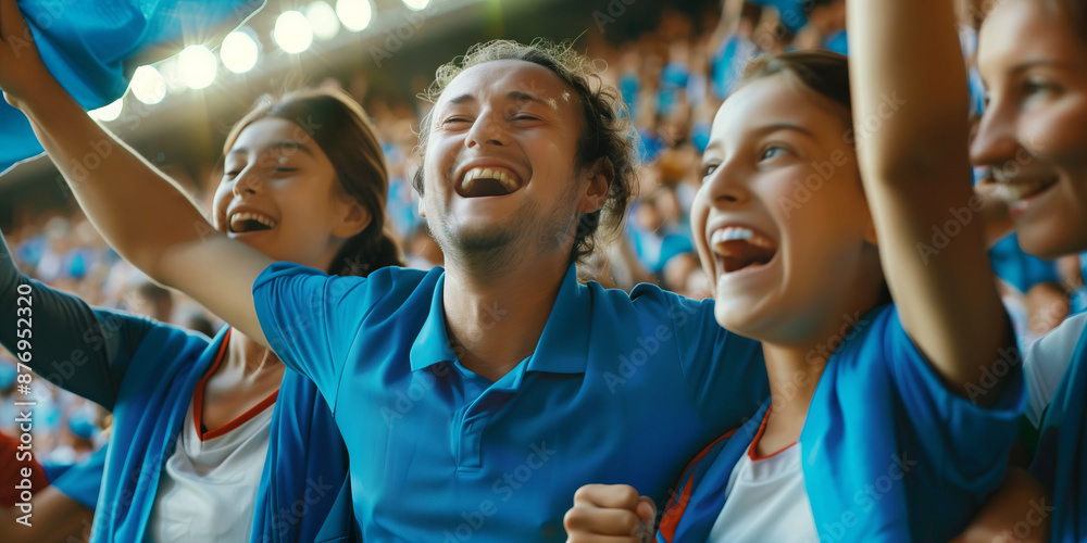 Excited sports fans wearing blue and white clothes celebrating the ...