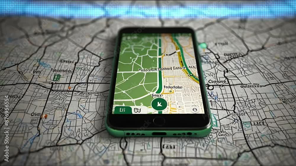 GPS Technology on Smartphone over Physical Map: Green Location Pin ...