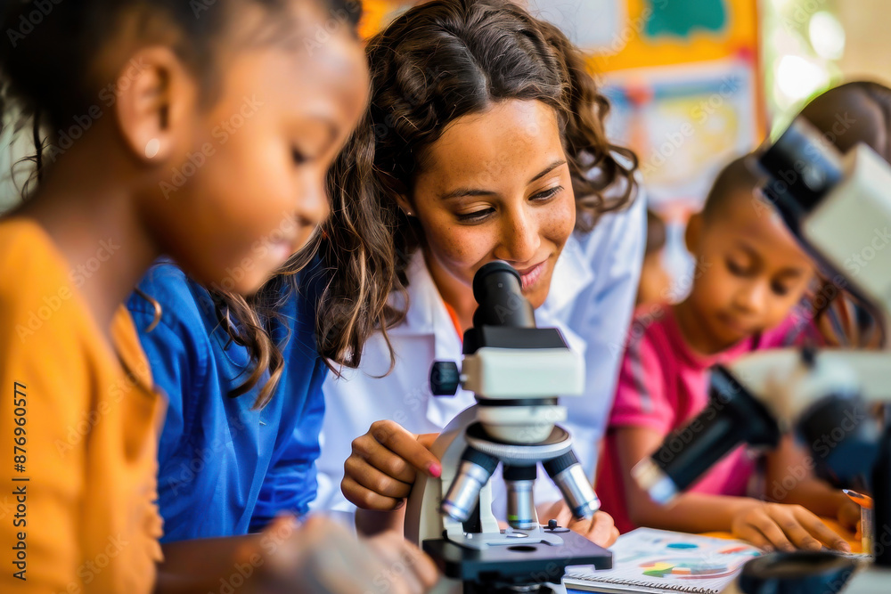 Children focusing on a microscope in a lively science classroom, guided ...