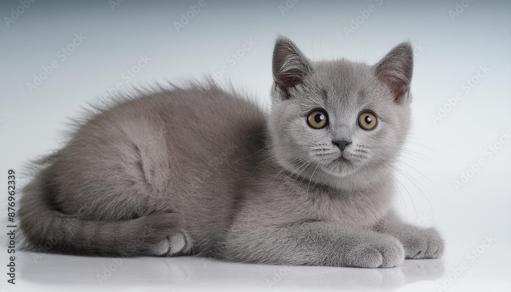 a domestic grey british kitten lies quietly on a uniform light ...