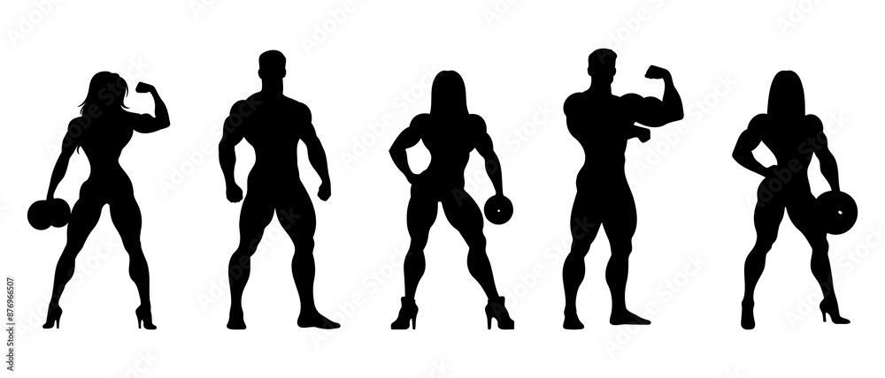 Vector bodybuilding silhouettes. Sport man and woman show muscle in ...
