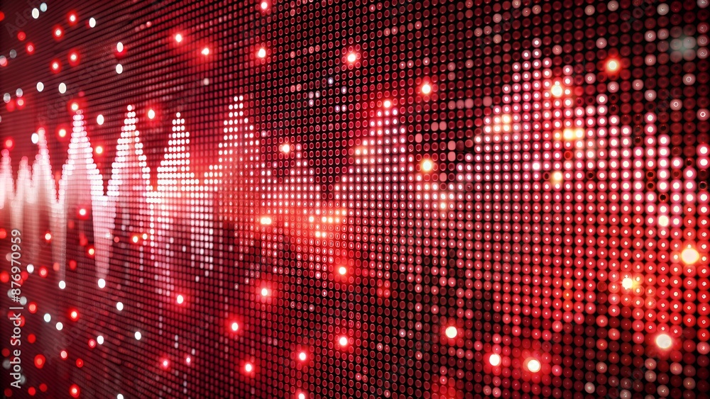 Red glowing sound wave equalizer display with glowing red dots on black ...