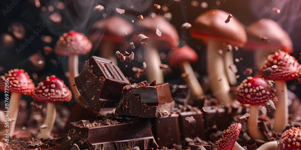 chocolate bars being destroyed by a chocolate fountain, with mushrooms ...