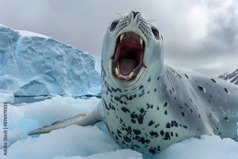Leopard seal shoes off it's impressive teeth as it opens it's massive ...