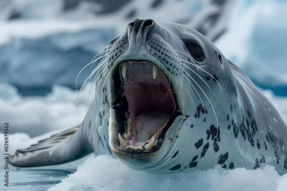 Leopard seal shoes off it's impressive teeth as it opens it's massive ...