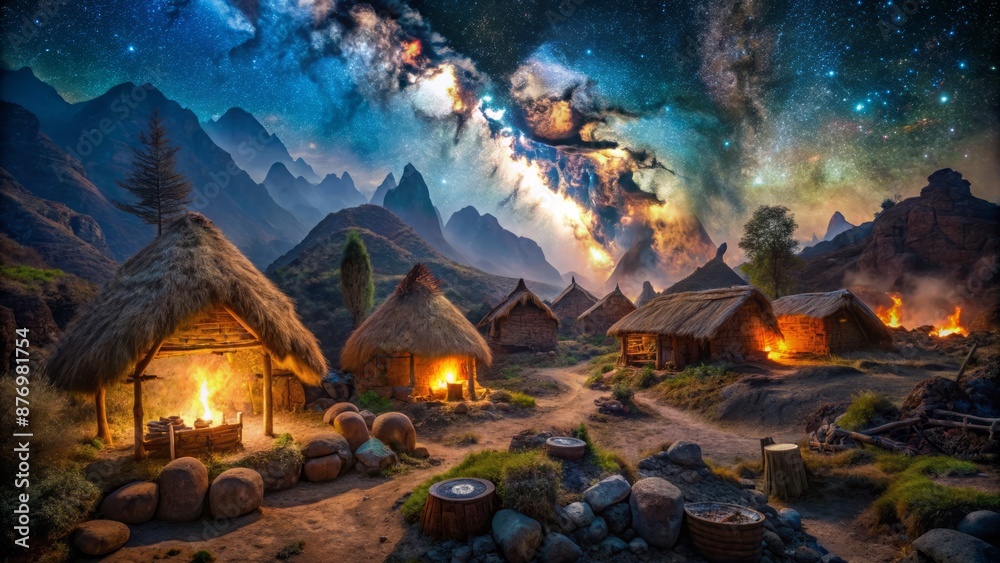 Ancient village scene with primitive huts, smoking fires, and rocky ...